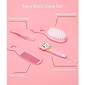 Baby Healthcare and Grooming Kit, Safety Newborn Nursery Care Set, with Hair Brush Comb, Nail Clipper, Thermometer, Pacifier Clip, Nasal Aspirator for Newborn Infant Baby Girls Boys (Pink)
