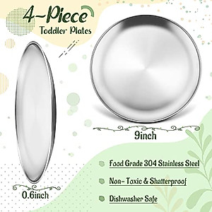 HaWare 4-Piece 18/8 Stainless Steel Plates, Metal 304 Dinner Dishes for Kids Toddlers Children, 9 Inch Feeding Serving Camping Plates, Reusable Dinnerware, Shatterproof & Non-toxic, Dishwasher Safe