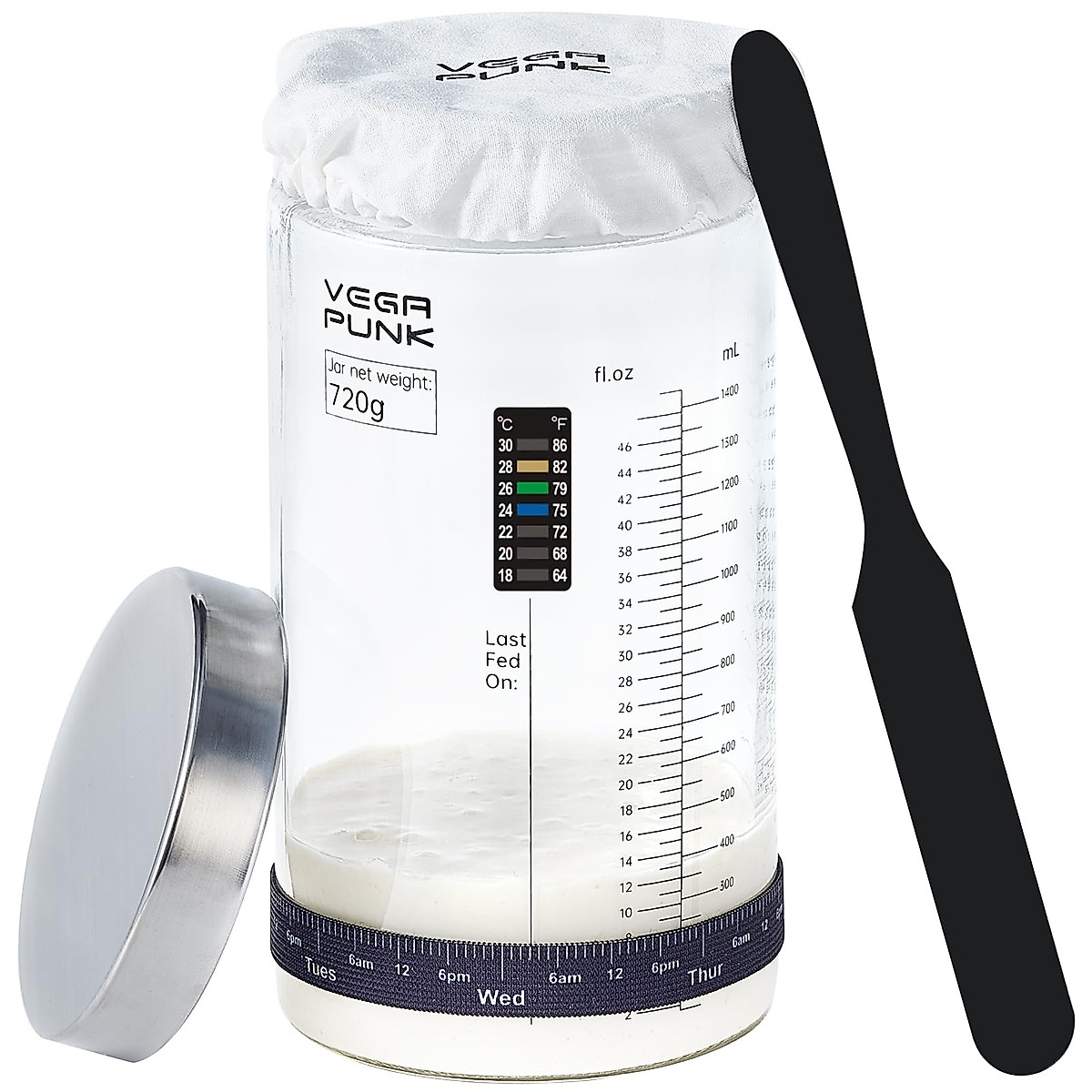 Vegapunk 58oz Sourdough Starter Jar Glass Kit - Wide Mouth Container/Crock with Lid for Bread Starter - Large Mason Jar with Date marked Feeding Band for Sourdough Starter