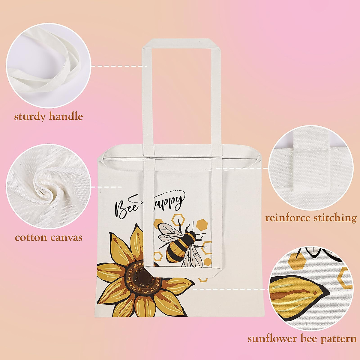 Louise Maelys Canvas Tote Bag for Women Cute sunflower bee Aesthetic cotton Shopping Women gift Reusable Grocery Bags