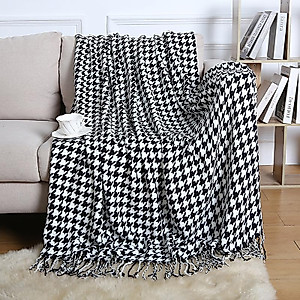RIVYOS Air Conditioning Blanket Knitted Blanket Thousand Bird Check Tassel Sofa Blanket Small Blanket Bed End American Wool Napping Blanket Quilt (Black and White, Twin(70.9''×51.2''))