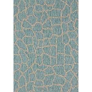 Unique Loom Outdoor Safari Collection Transitional Indoor & Outdoor Wildlife Inspired Animal Print with Giraffe Design Area Rug, 8 ft x 11 ft 4 in, Aqua Blue/Ivory