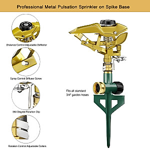 FANHAO Heavy Duty Pulsating Lawn Sprinkler on Spike Base, 100% Metal Impact Sprinkler with Adjustable Spray Pattern for Yard Lawn Irrigation, 360 Degree Large Area Coverage, Covers Up to 8500 sq. ft