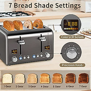 SEEDEEM Toaster 4 Slice, Stainless Steel Bread Toaster with Colorful LCD Display, 7 Bread Shade Settings, 1.4'' Wide Slots Toaster with Bagel/Defrost/Reheat Functions, Removable Crumb Tray, Dark Metallic, 1800W