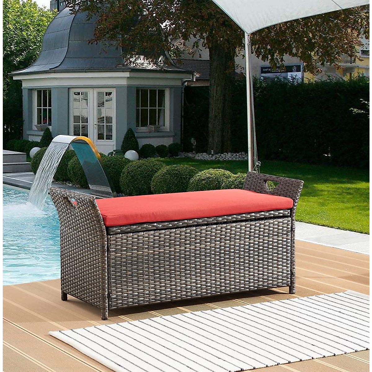 TMEE Patio Storage Bench,Outdoor Wicker Deck Box,PE Rattan Patio Furniture with All-Weather Cushion