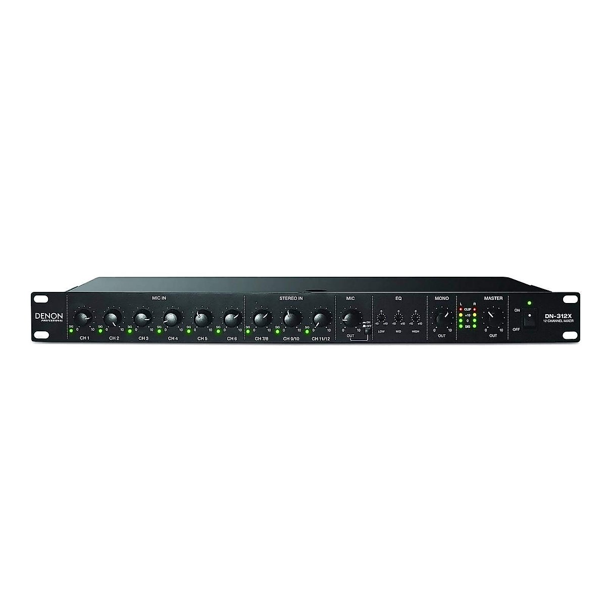 Denon DN-312X Professional 12-Channel Line Mixer with Priority; 6 HDHQ Combination Inputs with MIC, Phantom and Line Selector Switches; 6 Mono (3 stereo) RCA Inputs, 1U Rack Mountable