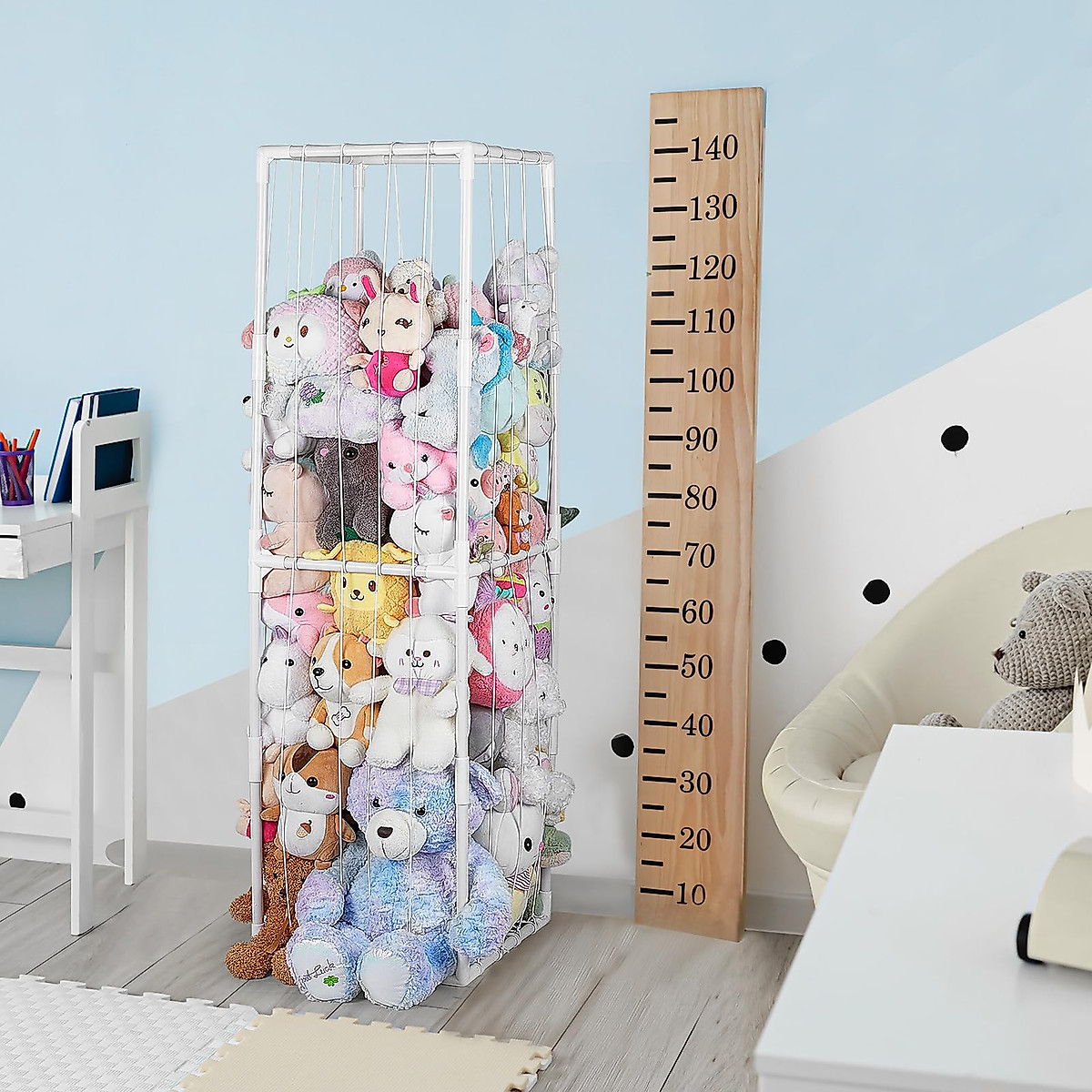 FIOBEE Stuffed Animals Zoo Storage Stuffed Animals Holder Organizer Large Toy Storage Shelf with Elastic Band Stuffed Animals Cage for Nursery Playroom Bedroom Room Furniture, White, L