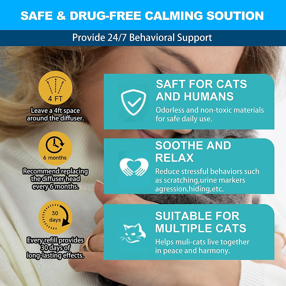 TachengMc Cat Calming Diffuser, Cat Pheromones Calming Diffuser with 1 Diffuser + 2 Refills 48ml, Cat Anxiety Relief Cat Pheromone Diffuser Kit 60 Days, Pheromone Diffuser to Calm Cats