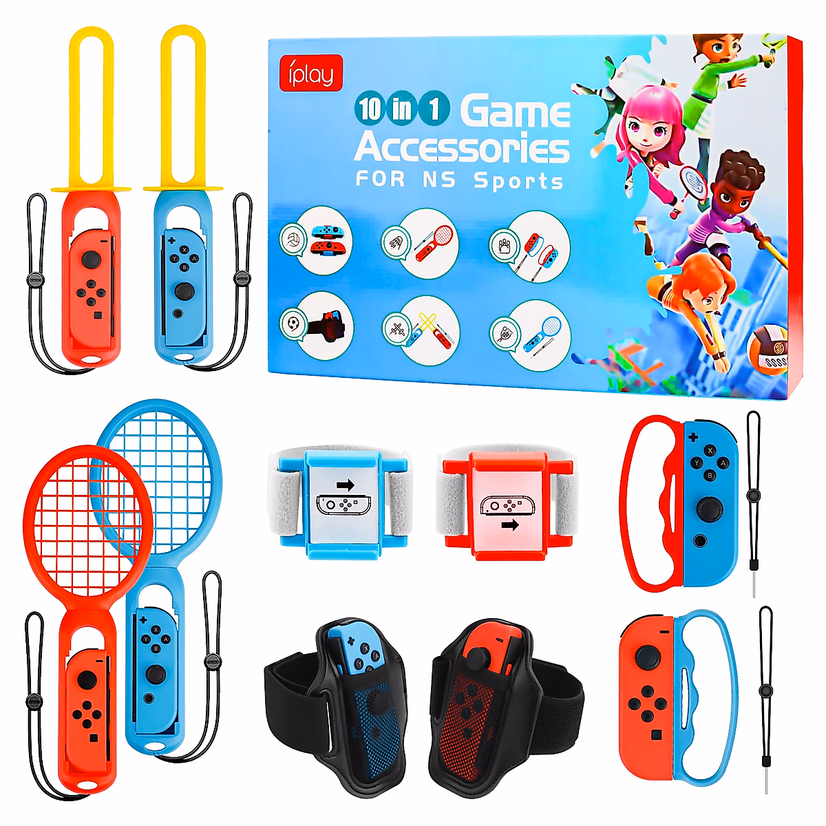 FANPL Switch Sports Accessories Bundle for Nintendo Switch Sports 2022, 10 in 1 Sports Game Accessories Kit with Fencing Game Swords, Wrist Bands, Leg Straps, Tennis/Badminton Rackets, Bowling Grip