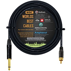 WORLDS BEST CABLES 35 Foot – TS to RCA Cable – Gotham GAC-4/1 (Black) Star-Quad Audio Interconnect Cable & Neutrik NP2X-B & Amphenol ACPL-CBK Gold Plugs - CUSTOM MADE