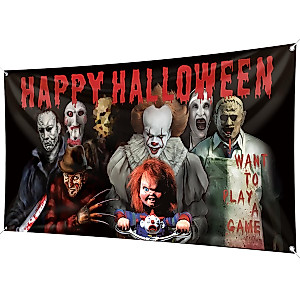 Horror Movie Classic Character Backdrop Banner, 78 × 43inch Halloween Party Background Large Backdrops Classic Movie Chainsaw Clown Horror Movie Supplies for Indoor Outdoor Photo Booth Props