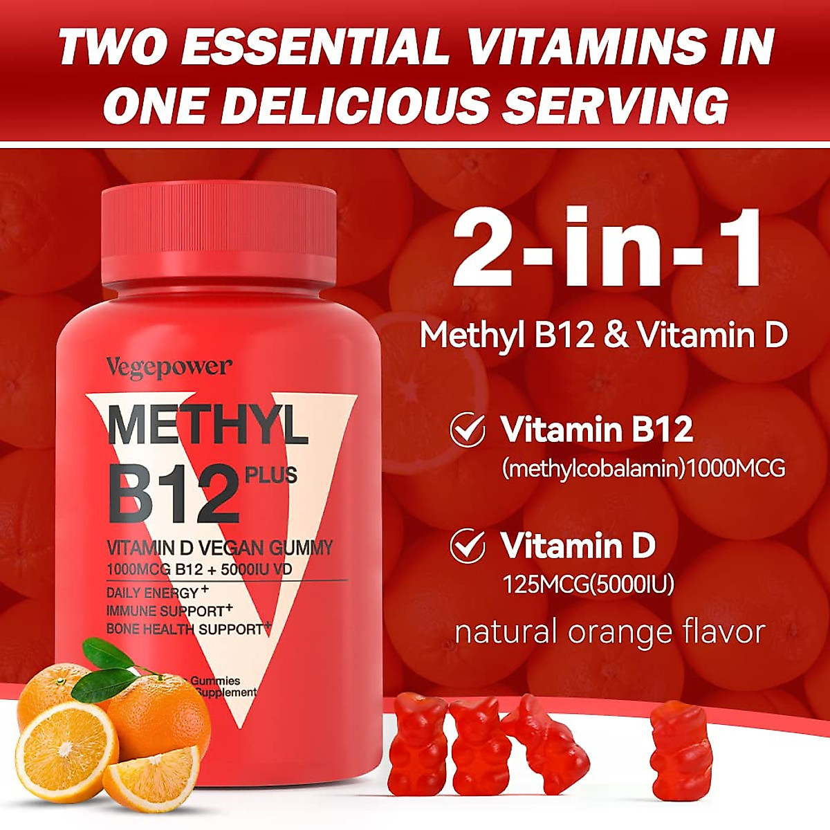 Vegan Vitamin B12 Gummies with Vitamin D - 90 Count I 1000 MCG Methyl B12 & D3 5000 IU Chewable Gummies Supplements for Adults & Kids - Supports Bone Health & Daily Energy Boost - Non-GMO, Orange
