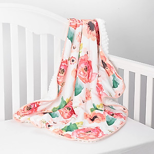 3 pcs Set Boho Floral Ruffle Baby Minky Blanket, Peach Floral Nursery Crib Skirt Set Baby Girl Crib Bedding (Coral)