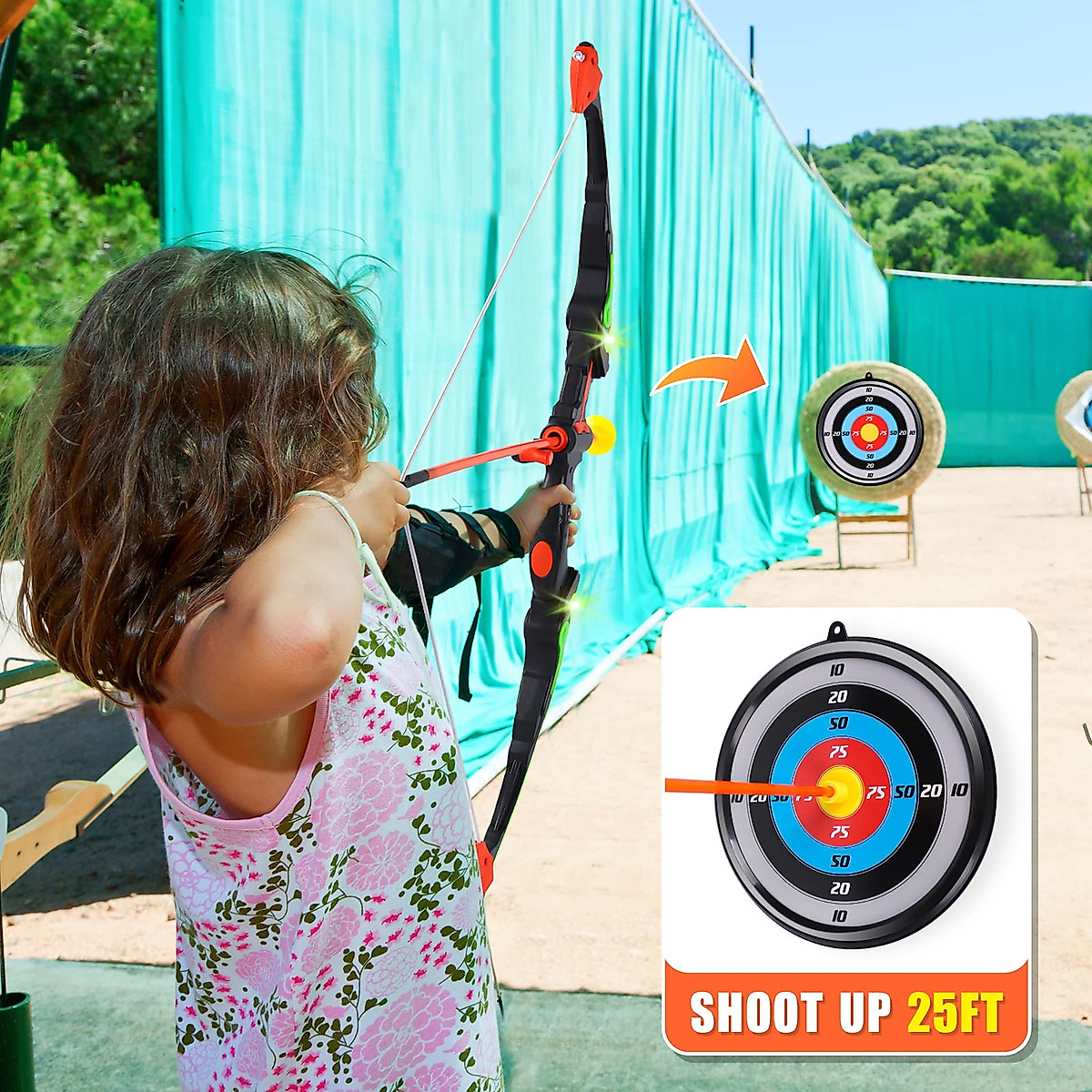 Bow and Arrow for Kids with LED Lights - Kids Archery Set includes 1 Bow, 10 Suction Cups Arrows, 2 Targets and Quiver, Play Indoor and Outdoor for Boys Girls Aged 3 4 5 6 7 8-12 Years