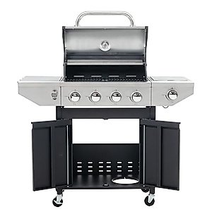 Propane Gas Grill, 4 Burners BBQ Grill with Side Burner & Thermometer, Freestanding Stainless Steel Grill Cart with Wheels for Outdoor Garden Cooking Barbecue, 42000 BTU