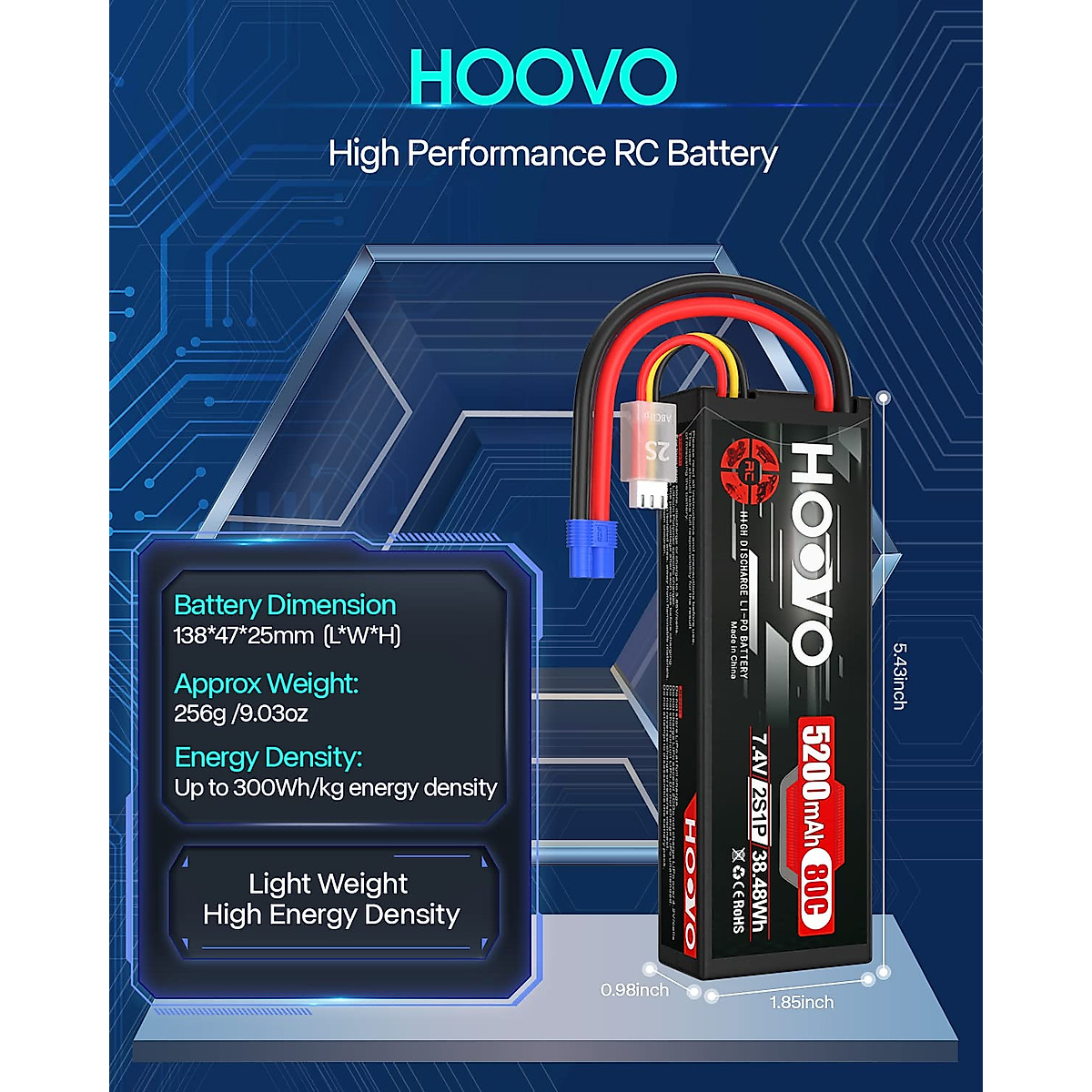 HOOVO 7.4V 5200mAh 80C 2S Lipo Battery Hard Case with EC3 Plug for Popular RC Car RC Helicopter Quadcopter UAV Drone FPV Tracxas Slash Buggy Team Associated(2 Packs)