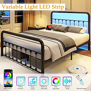 Fluest Queen Bed Frame with Headboard & Footboard, Bed Frame with Charging Station & LED, Metal Platform, Under Bed Storage, No Box Spring Needed, Noise Free, Easy Assembly, Black
