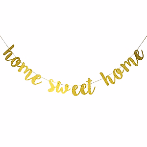 Starsgarden Glitter Gold Home Sweet Home Banner for Housewarming Patriotic Military Decoration Family Party Supplies Cursive Bunting Photo Booth Props Sign(Gold Sweet Home)