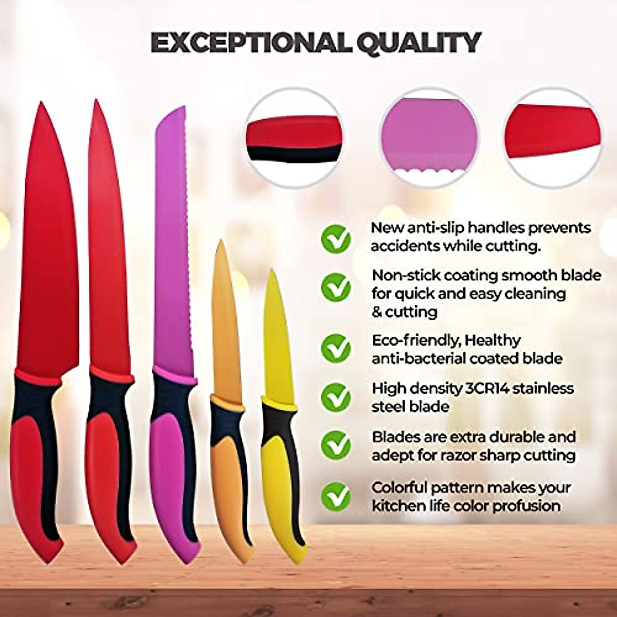 Kitchenson High Carbon Stainless Steel Fancy Colorful Knife Set with Protective - Lucrative Acrylic Stand, Pack of 5 Non-Stick Ceramic Coated, Chef, Bread, Carving, and paring Rainbow Kitchen Knives