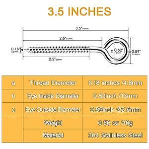 Eye Hooks Screw in Heavy Duty，304 Stainless Steel Eye Bolt，3.5 Inches Long Eye Screws Ring ，Swing Hooks for Hammock Stand, Swings Chair,Yoga , Indoor & Outdoor，Self Tapping Screws 4 Pack
