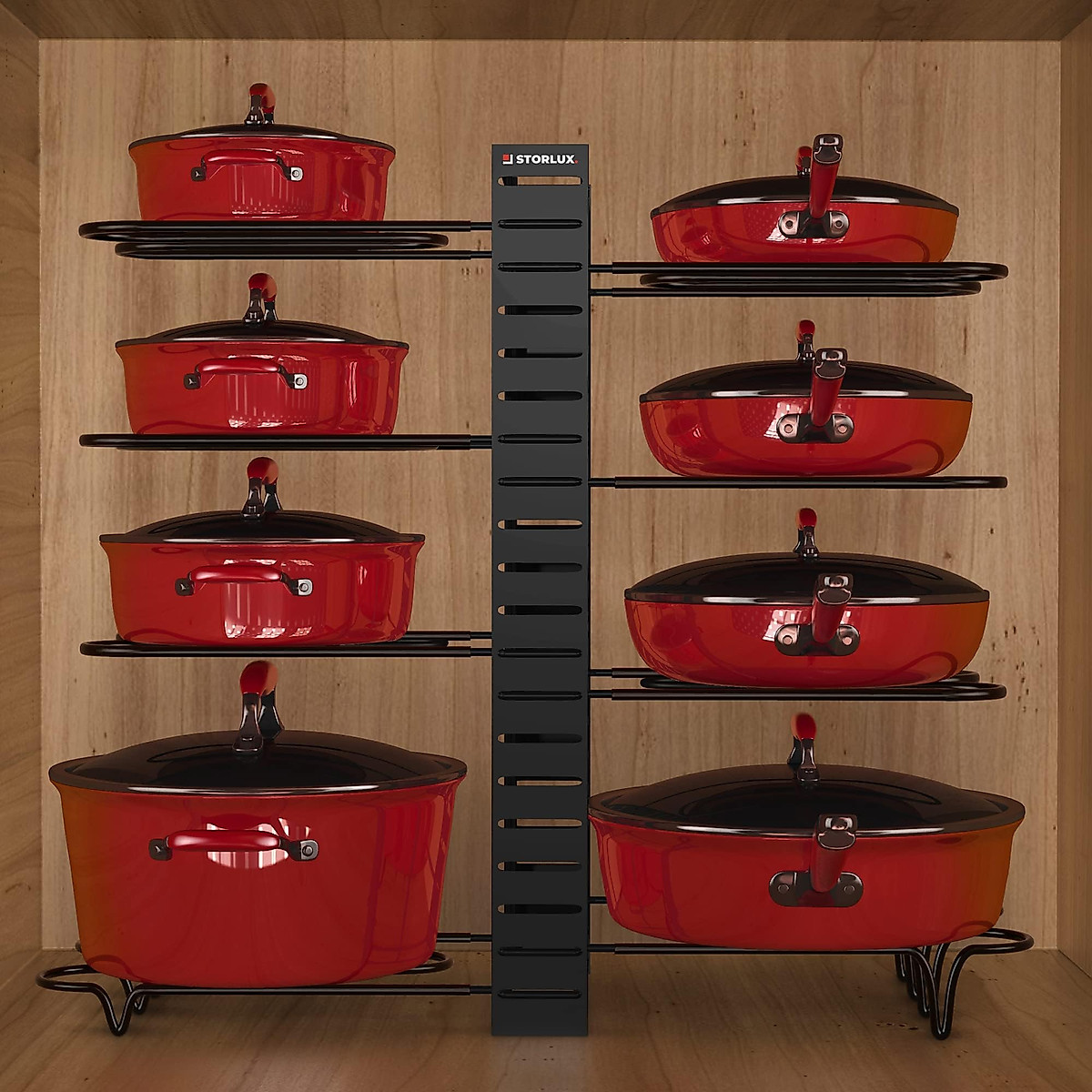 STORLUX Pot and Pan Organizer for Cabinet, Adjustable 8 Non-Slip Tiers Pot Rack with 3 DIY Methods, Kitchen Cabinet Organizer for Pots and Pans, Black Steel Cookware Organizer (UPGRADED)