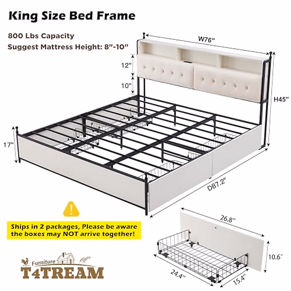 T4TREAM King Bed Frame with Storage Upholstered Headboard and 4 Drawers, Farmhouse Metal Platform Bed w/LED Lights & Charging Station, Stable & Easy Assembly, No Box Spring Needed, Antique White