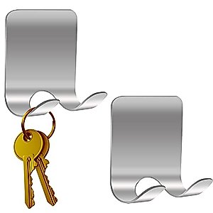 Performore 2 Pack of Stainless Steel Double Hook Hangers with Flat Back and 3M Foam Adhesive, Adhesive Shower Hooks, Razor Holder, Towel Hangers for Bathroom or Kitchen Wall
