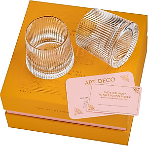 GLASSIQUE CADEAU Vintage Art Deco Speakeasy Lowball Glasses | Set of 4 | 9 oz Crystal Tumblers for Drinking Classic Gin, Rum, Vodka Bar Drinks | Round Short Rocks Glassware