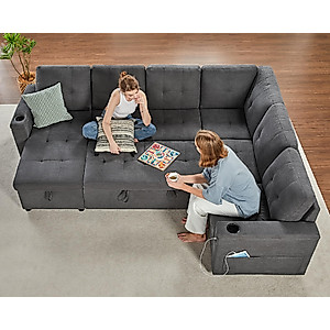 PaPaJet Sleeper Sofa Bed, 110 Inch Oversized Sofa with 2 USB Charging Ports & Cup Holders, U Shaped Pull Out Couch with Storage Chaise & 3 Seater- Dark Grey