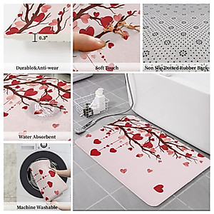 Valentine Bath Rugs Love Heart Tree Bathroom Rugs Pink Red Romantic Love Sponge Doormat Absorbent Non Slip Backing Soft Flannel Mat Memory Foam Mats Carpet for Bathroom Kitchen, 20 x 31.5 inches