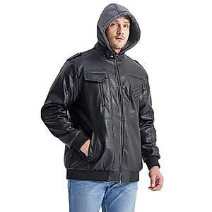 MEBAMY Men's Casual Faux Leather Jacket Coat Autumn and Winter Warm Jacket Black Leather Motorcycle Jacket with Removable Hood