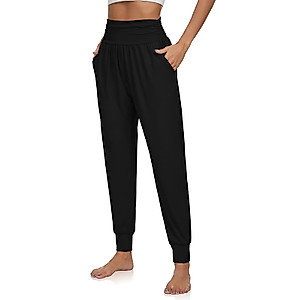 UEU Women's Cozy Yoga Thin Joggers Pants High Waist Loose Fitting Workout Sweatpants Baggy Comfy Sleep Lounge Sweat Pants with Pockets(Black,M)