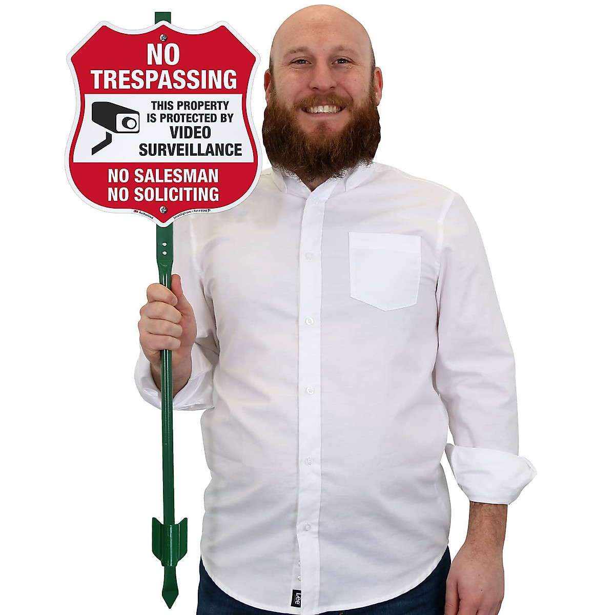 SmartSign 12 x 11.5 inch “No Trespassing - Property Protected By Video Surveillance, No Soliciting” Yard Sign with 3 foot Stake, 40 mil Laminated Rustproof Aluminum, Red, Black and White, Set of 1