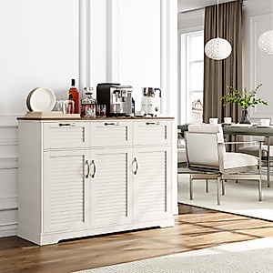 Kitchen Sideboard Buffet Cabinet with Storage, 15.7"D x 47.2"W x 35.1"H, Buffet Server Bar with 3 Shutter Doors and 3 Drawers for Wine, Coffee, Bar for Living Room, Dining Room, White Oak