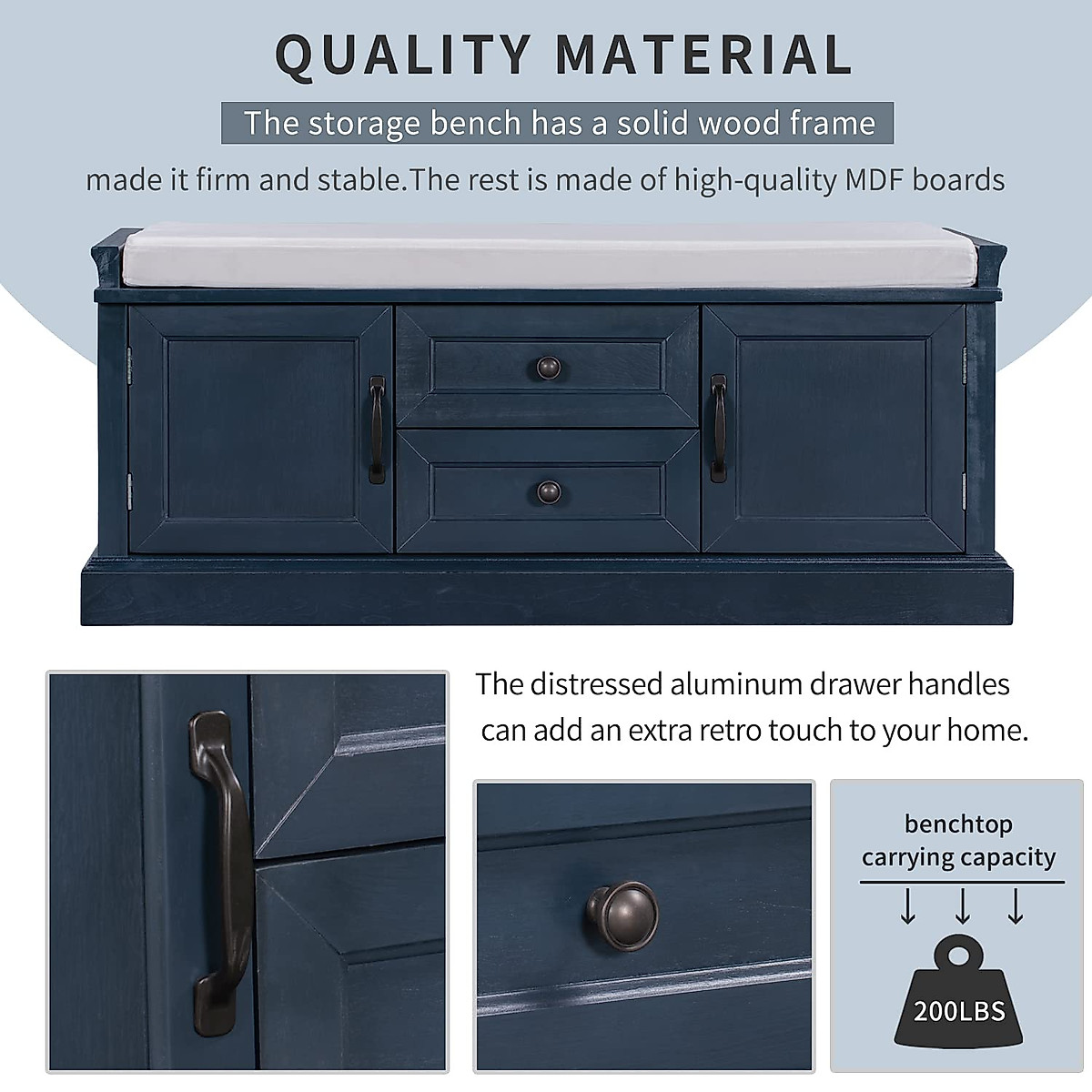 KLIECH Storage Removable Cushion 2 Drawers and 2 Cabinets,Wooden Shoe Bench for Hallway Entryway Living Room,Antique Navy, 1