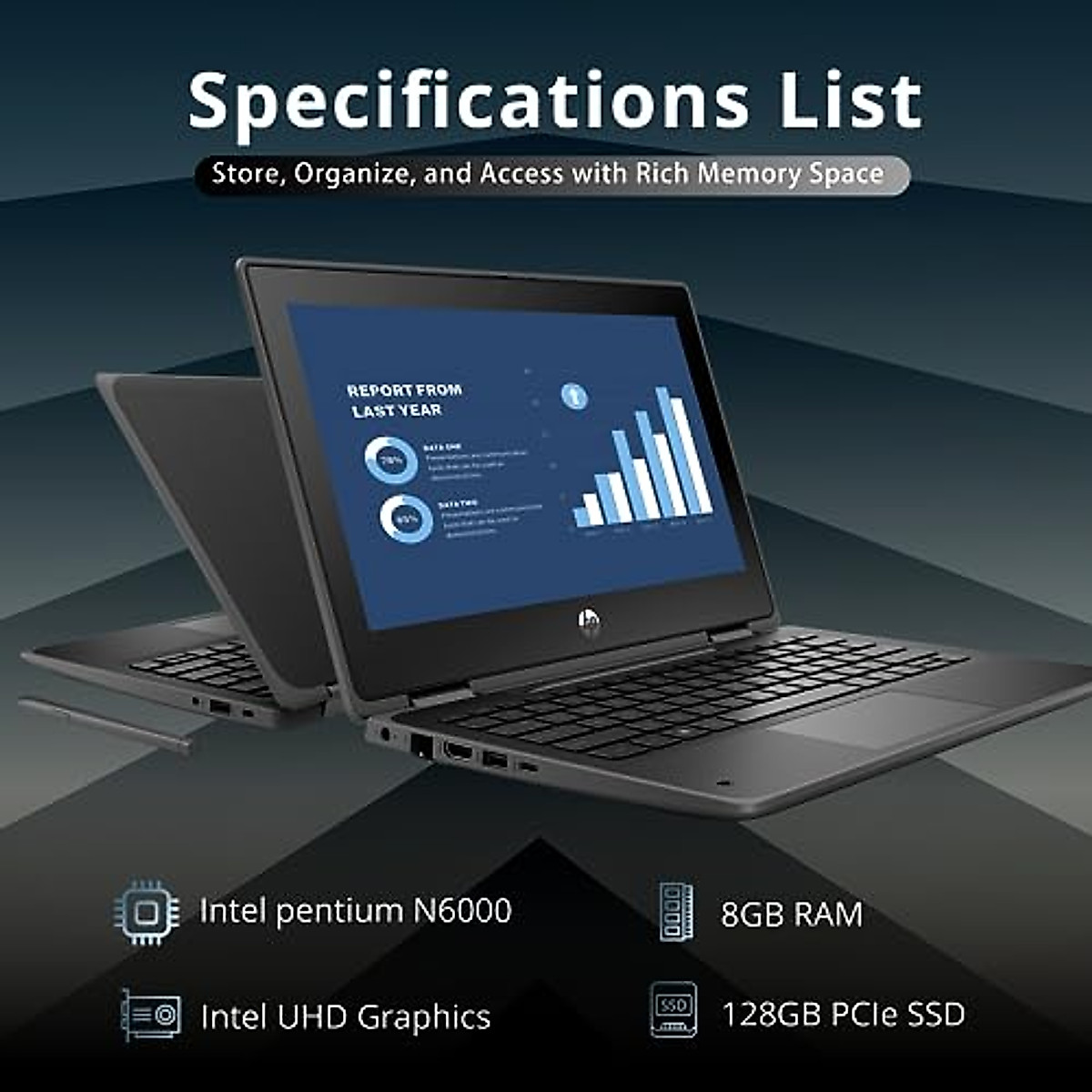 HP 2022 11.6" Pro x360 Fortis G9 Multi-Touch 2-in-1 Laptop, Intel pentium N6000 Processor, 8GB RAM, 128GB SSD, Intel UHD Graphics, 720p Webcam, Stylus Pen, Win 10 Pro, Black.