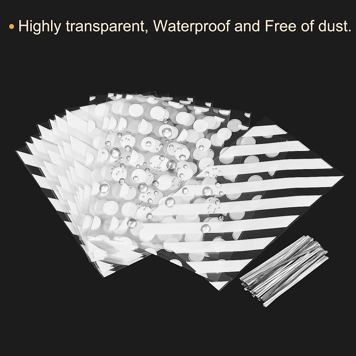 uxcell 200 Pcs Clear Cello Bags, Clear Flat Stripe Snowflake Plastic Cello Treat Bags with Gold Twist Ties Gift Bags Cookie Bags for Christmas Snacks Candy Cookie Gifts, White/Silver