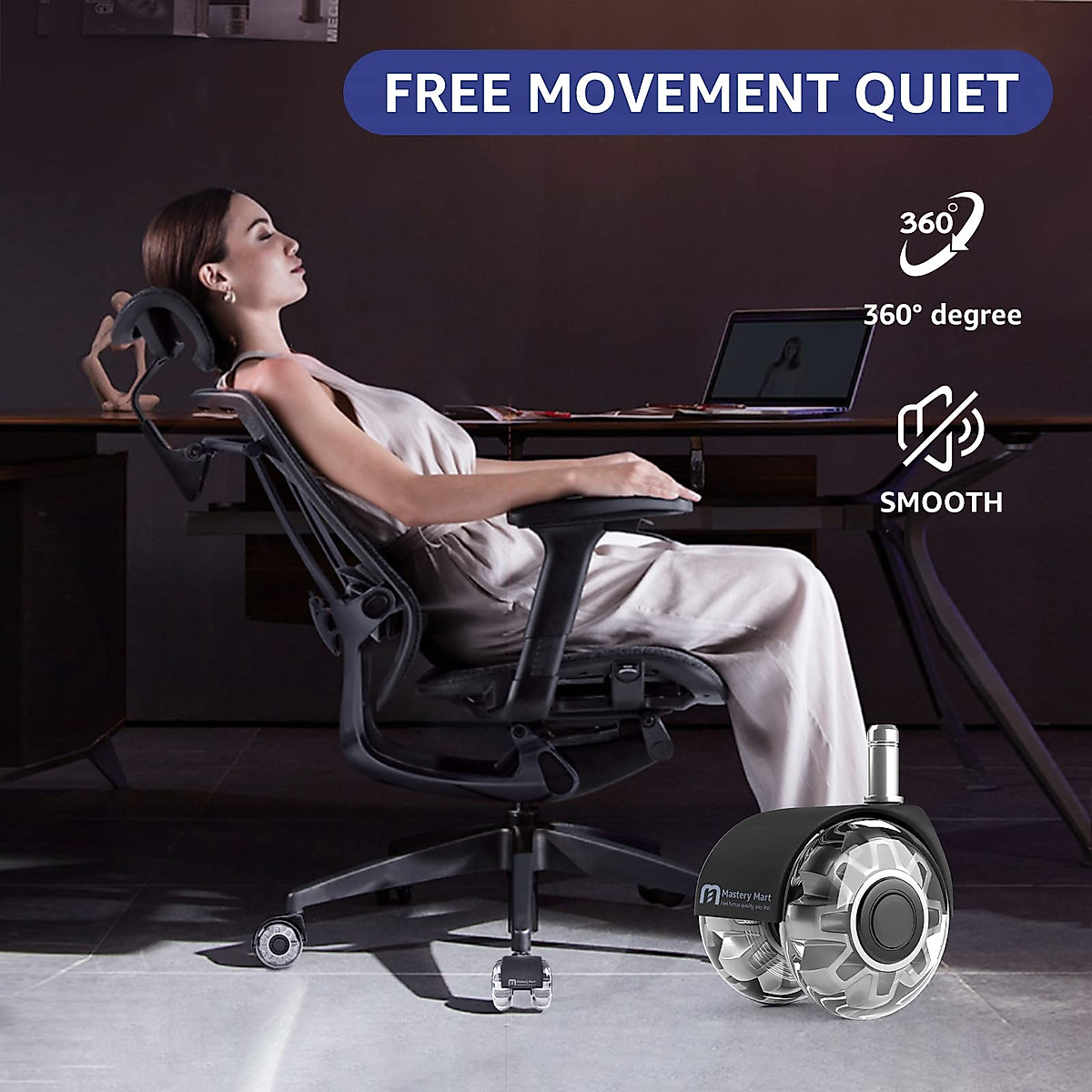 Mastery Mart Office Chair Caster Wheels for Hardwood Floors, Heavy Duty and Quiet Smooth Rollerblade Wheels for Office Chair, Universal Size (11x22mm), Suitable for Most Chairs