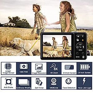 Digital Camera 1080P FHD 20MP Small Camera for Kids, with 2.8 Inch LCD Screen and 8X Digital Zoom, Rechargeable Compact Pocket Point and Shoot Camera for Girls and Boys, Teens, Beginners (Black)
