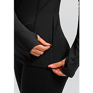 Women's Thermal Fleece Tops Long Sleeve Workout Shirts Running Athletic Base Layer with Thumb Holes Zipper Pocket(Black,L)