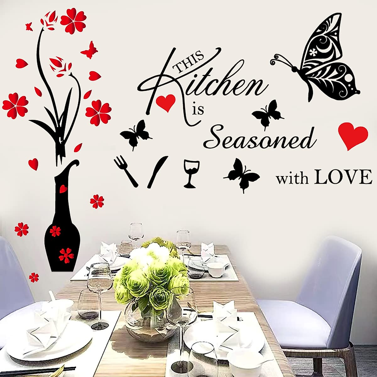 Kitchen Wall Decor Stickers Kitchen Quotes this Kitchen is Seasoned with Love Red Heart Butterfly Wall Sticker Removable Wall Decals Vase Wall Art Sticker for Dinning Room Kitchen Restaurants Home
