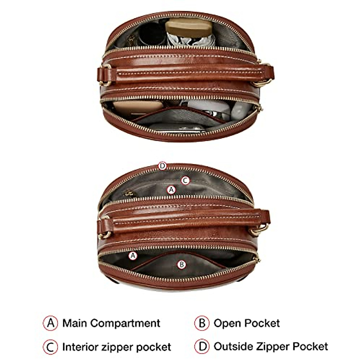 Small Leather Handbags for Women, Genuine Leather Ladies Mini Top-handle Zipper Bags with 2 Type Adjustable Shoulder Strap Women's Fashion Messenger Chain Bags Girls Casual Compact Satchel (Brown)