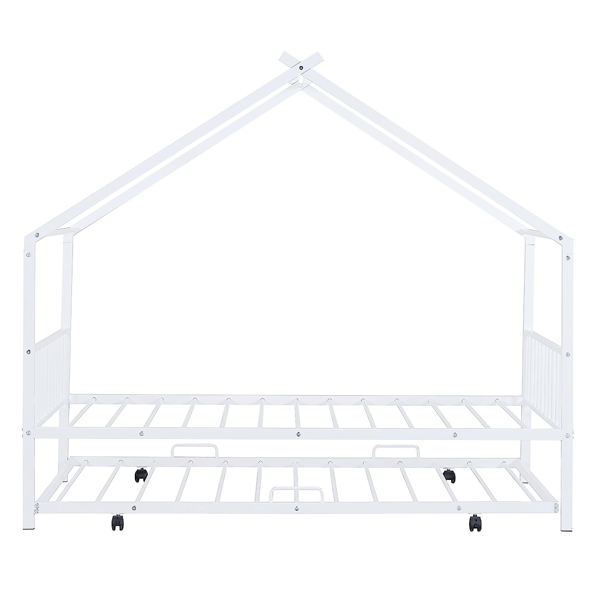 Guxeei Twin Size Metal House Bed, Modern Design Bed Frame with Trundle for Bedroom, Wood Slat Support, No Box Spring Needed, Easy Assembly (White)