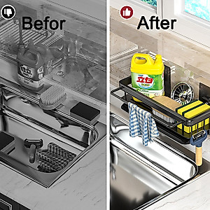 SXRYHHTD 4 in 1 Space Aluminum Adhesive Sponge Holder, Kitchen Sink Caddy Organizer Dish Brush Cloth Holder Rack, 2 Hooks + Dish Cloth Rod + Big Capacity Rack + Removable Drain Tray - Black