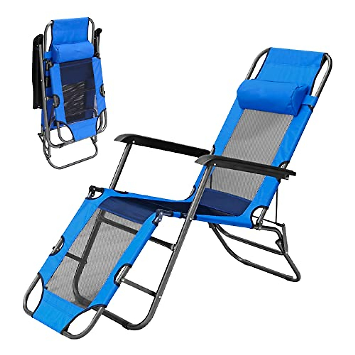 BIGTREE Adjustable Camping Folding Cot Chaise Lounge Chair w/Pillow Breathable Mesh Lounger Reclining Chair,Portable Patio Zero Gravity Chair for Garden Outdoor Camping Pool Lawn