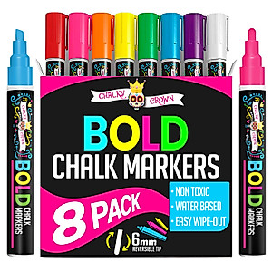 Bold Chalk Markers - Dry Erase Marker Pens - Chalk Markers for Chalkboards, Signs, Windows, Blackboard, Glass - Reversible Tip (8 Pack) - (Multicolored, 6mm)