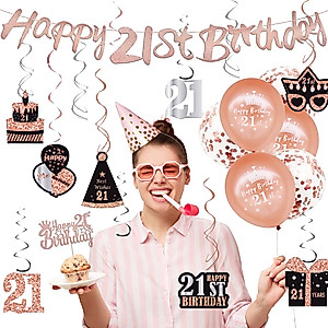 WOJOGO 21st Birthday Decorations For Her, Rose Gold & Black 21 Birthday Decorations Including 21st Birthday Banner Hanging Swirls Cake Topper Balloons for Party Supplies