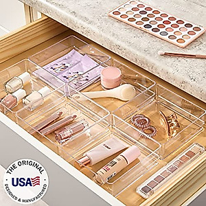 STORi SimpleSort 6-Piece Stackable Clear Drawer Organizer Set | 6" x 6" x 2" Square Trays | Small Makeup Vanity Storage Bins and Office Desk Drawer Dividers | Made in USA