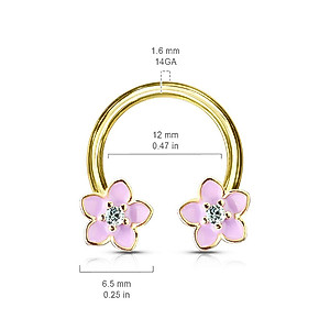 14G 1 2 Pink Enamel CZ Flower Yellow Gold Plated Horseshoe Nipple Ring Septum Yellow,Pink