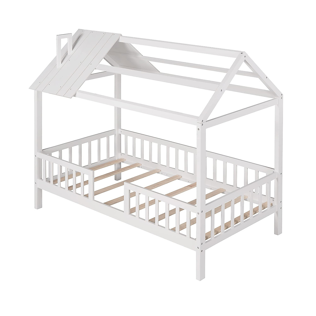 Merax Cute Wood House Bed Frame with Full-Gardrail Low Platform Bed for Kids Boys Girls No Box Spring Needed Twin White